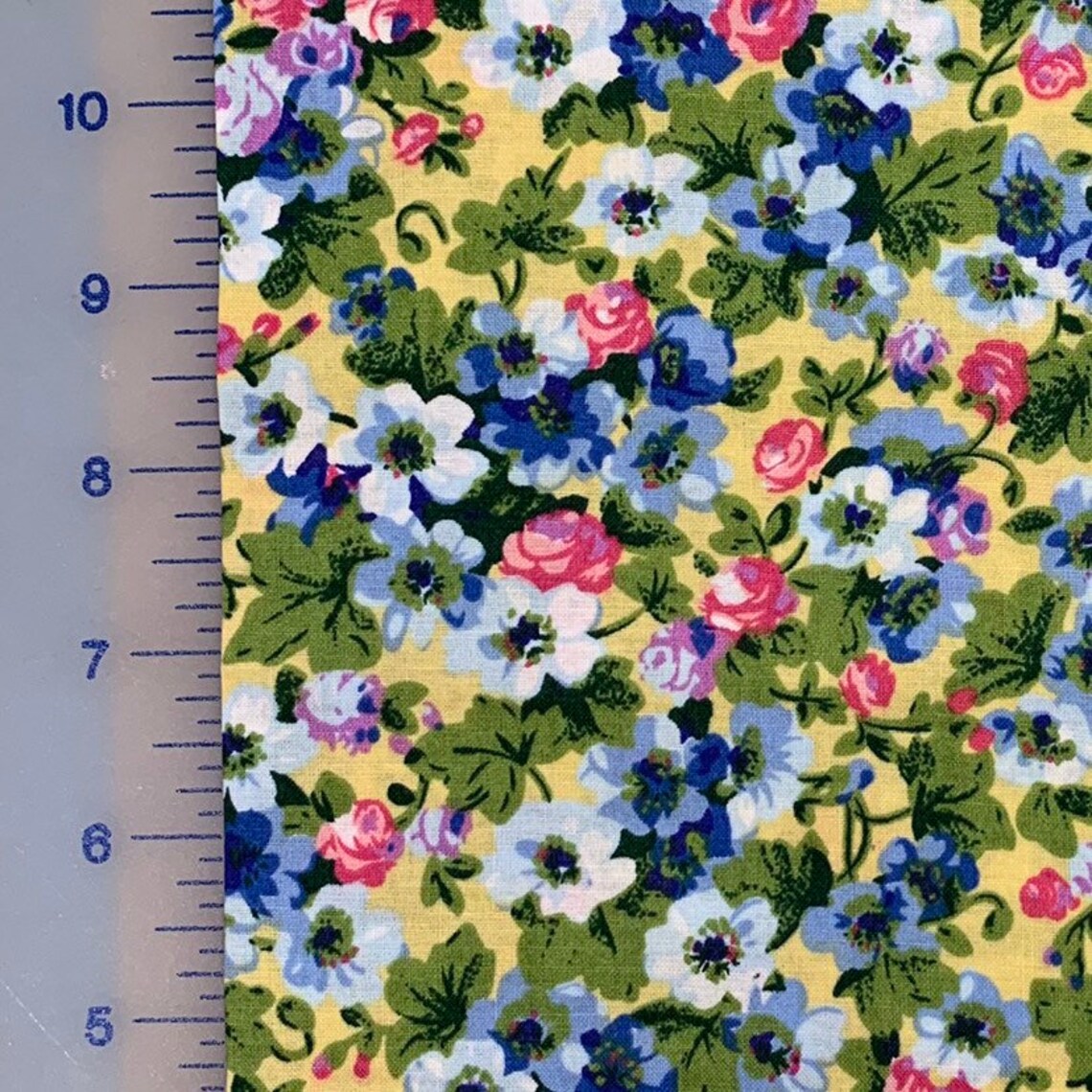Blue and Yellow Floral Cotton Fabric, Calico, County Floral - Etsy
