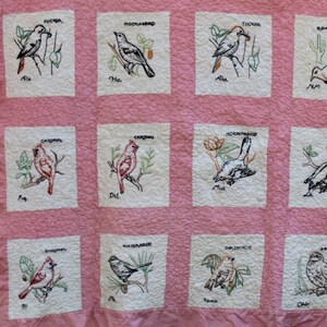 Vintage Pink and White Handmade 48 States Birds Embroidered Quilt, USA ...
