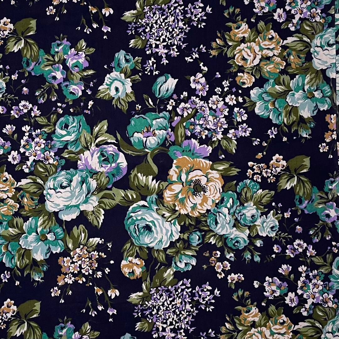 Navy Blue Calico Cotton Fabric, Rose - Etsy