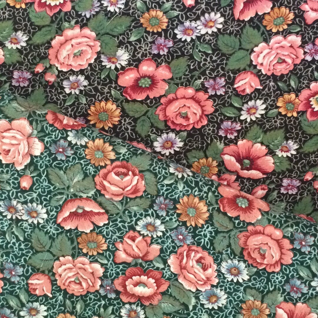 Vintage Blue or Green Calico Cotton Fabric by the Yard, Pink Rose ...