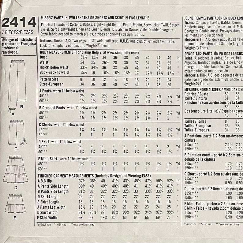 Easy Shorts Skirt and Pants Pattern Simplicity 2414 1 | Etsy