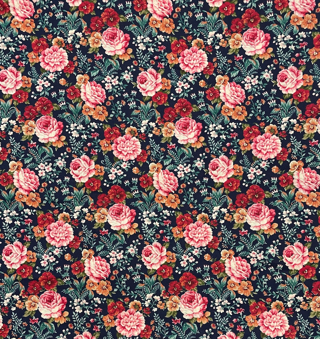 Navy Blue and Pink Calico Fabric, Floral, Concord Fabrics, the Kesslers ...