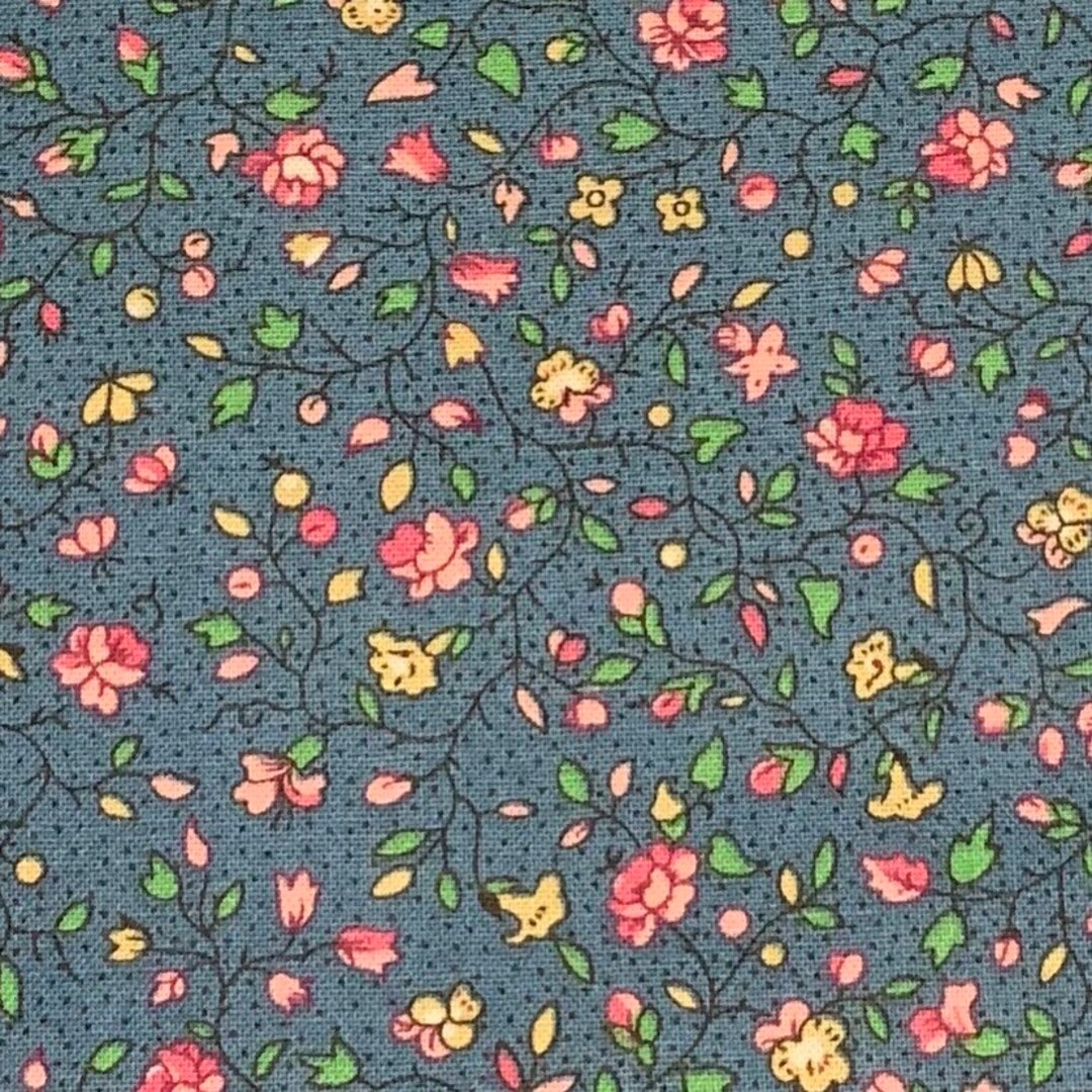 100% Cotton Dark Blue and Pink Calico Fabric, Rose Print, County Floral ...