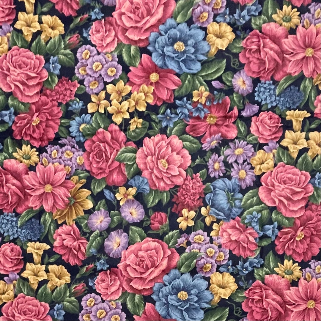 Vintage Navy and Pink Calico Cotton Fabric, Rose Floral, Cranston Print ...