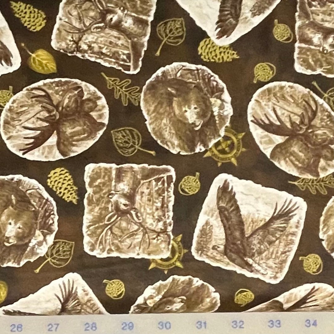 Wildlife Cotton Fabric, Eagle, Deer, Bear, Cabin and Canoe Quilting ...