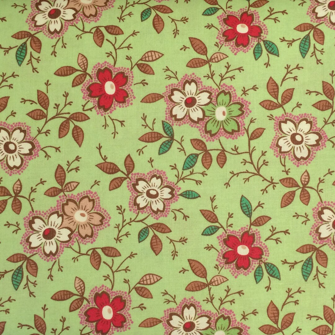 100% Cotton Green Calico Fabric by the Yard, Floral, Flower Power ...