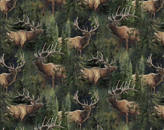 100% Cotton Elk Wildlife Cotton Fabric, Digital Print, Woodland ...