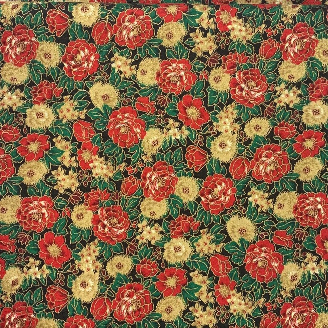 Red Rose With Gold Floral Fabric Floral Mandarin Garden - Etsy