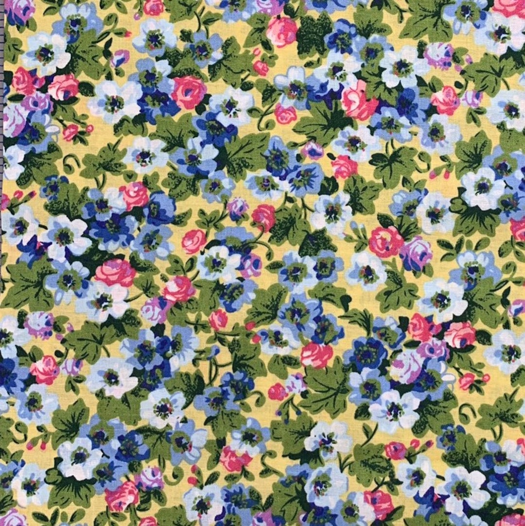 100% Cotton Blue and Yellow Floral Fabric by the Yard, Calico, County ...