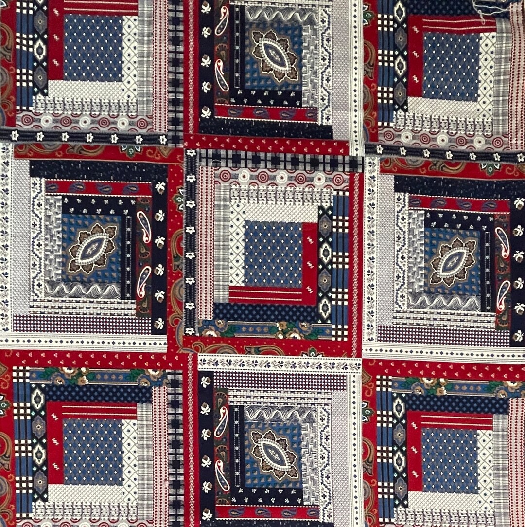 Red White and Blue Squares Cotton Fabric, Cheater Cloth, Paisley ...