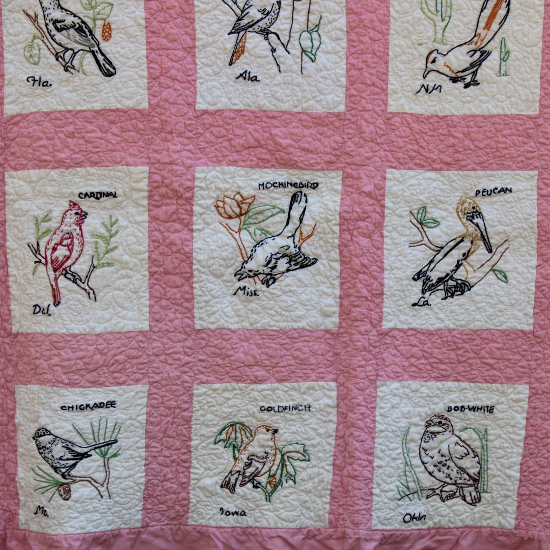 Vintage Pink and White Handmade 48 States Birds Embroidered Quilt, USA ...