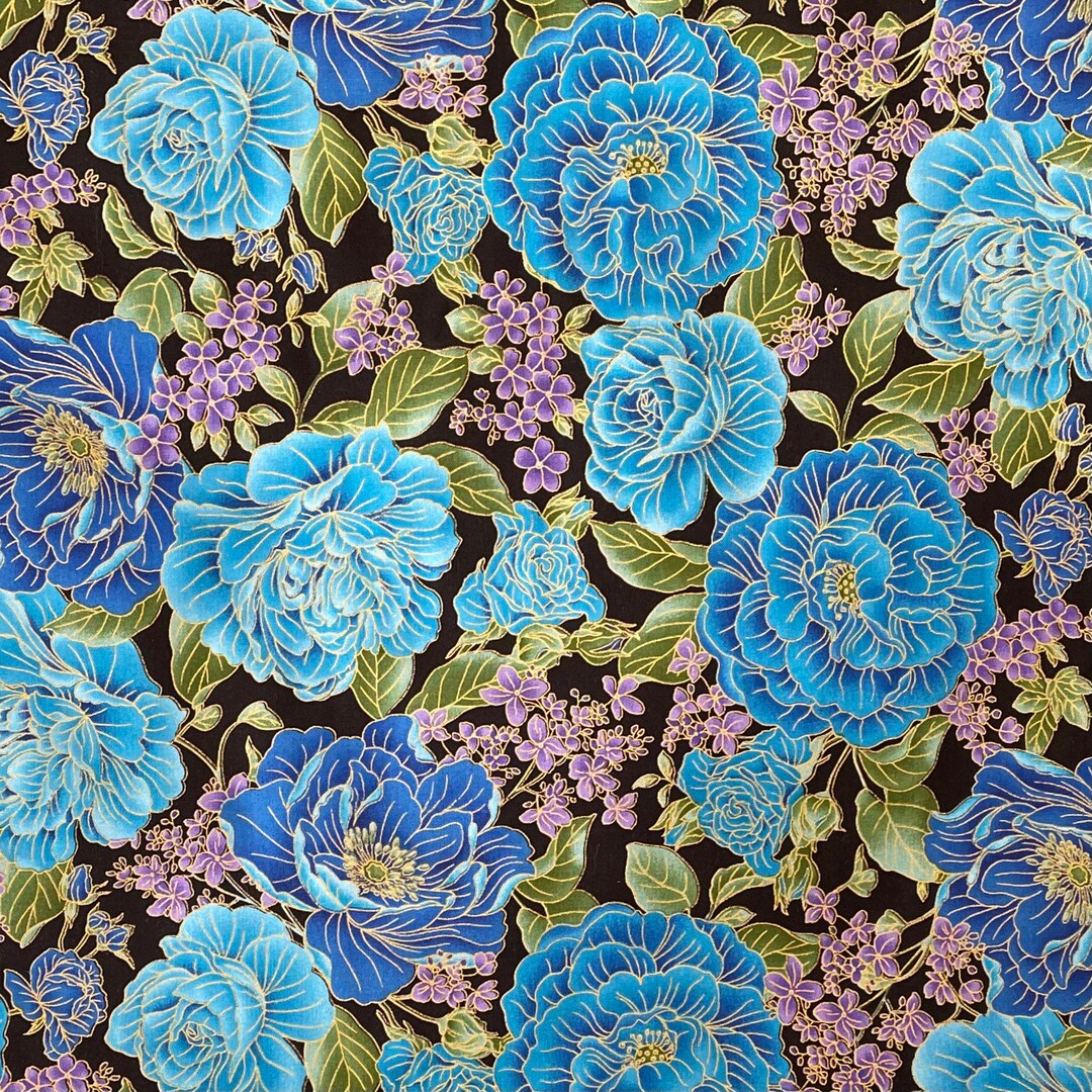 Black and Blue Floral Cotton Fabric, Calico, Romantic, Hi Fashion ...