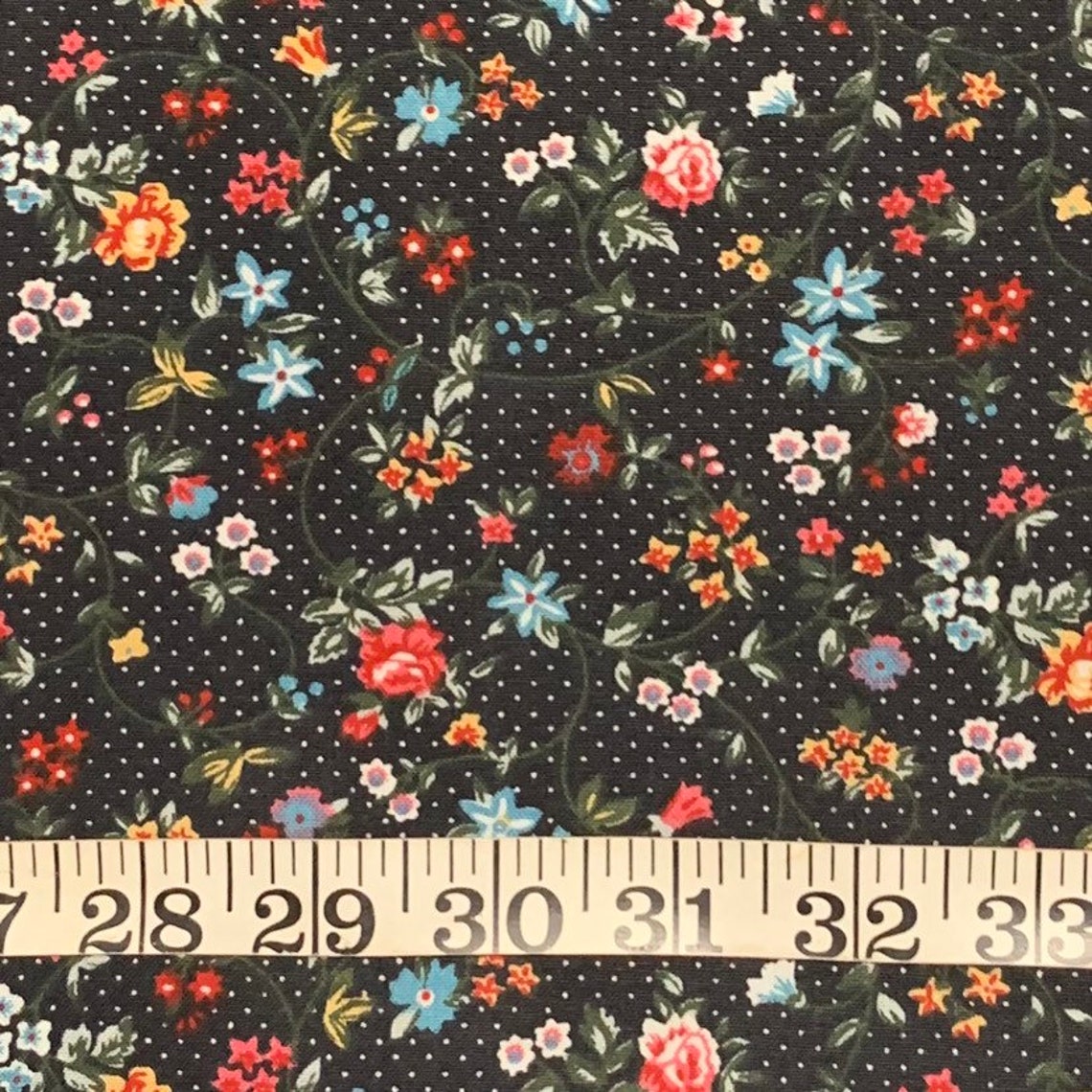 100% Cotton Black Calico Fabric Small Print Floral Quilting | Etsy