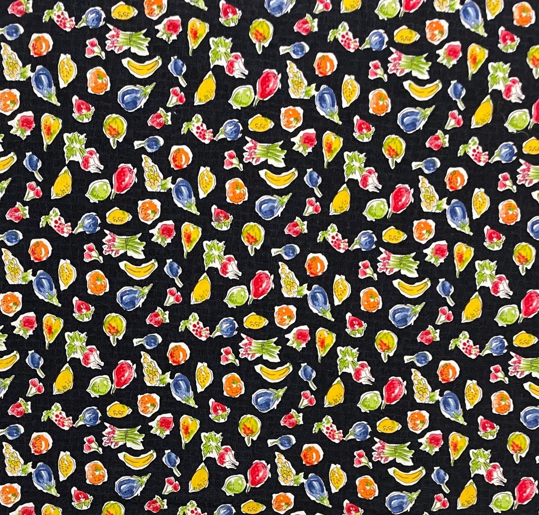 Vintage Black Fruits and Vegetables Calico Cotton Fabric, Hamil ...