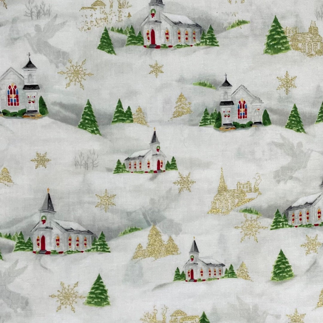 Christmas Chimes Cotton Fabric Church Gold Snowflake - Etsy