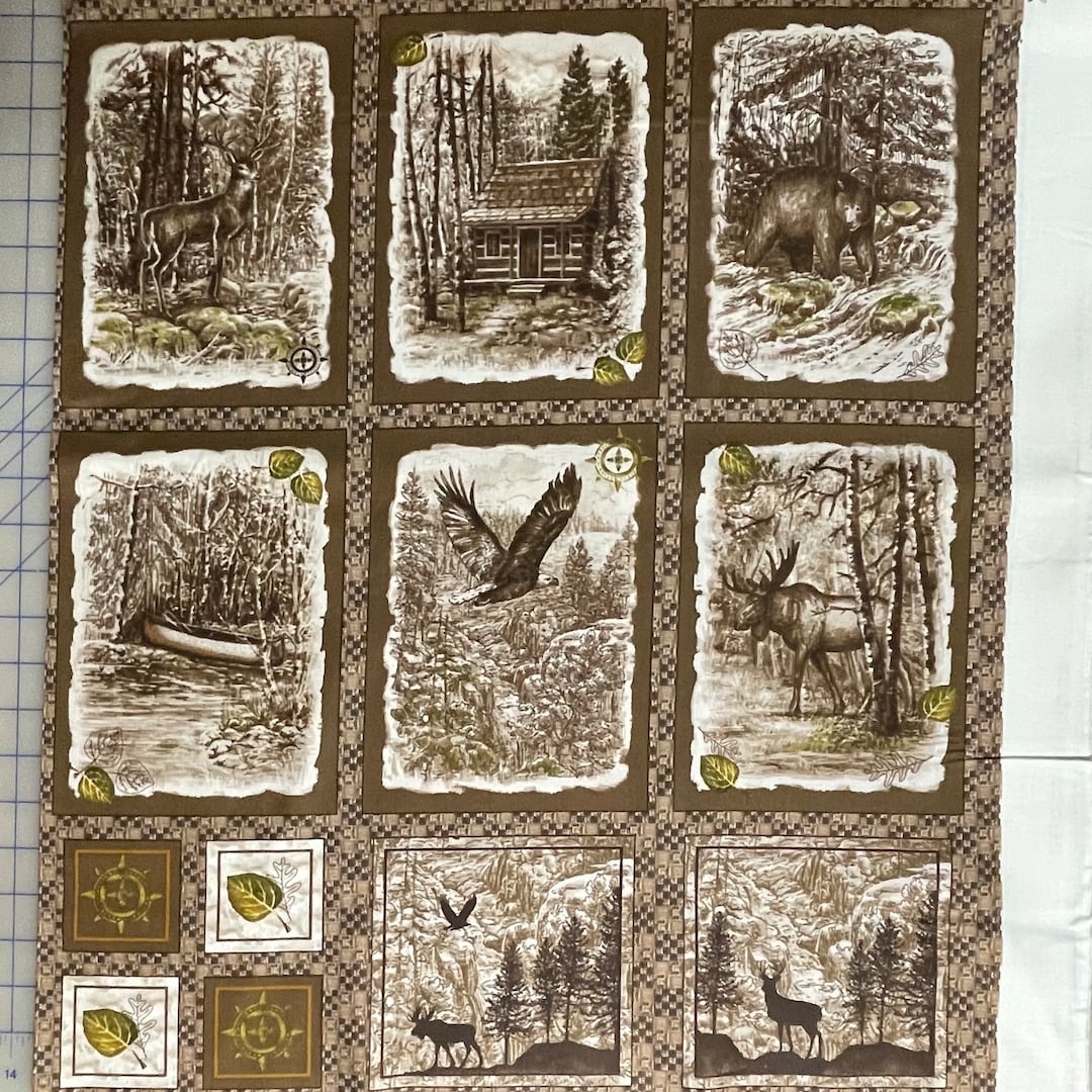 Wildlife Cotton Fabric Panel, Eagle, Deer, Bear, Cabin and Canoe ...