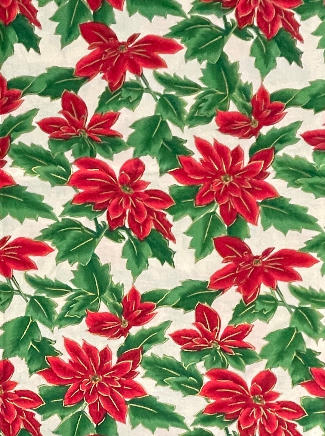 100% Cotton Christmas Poinsettia Fabric, Woodland, Holiday, Floral ...