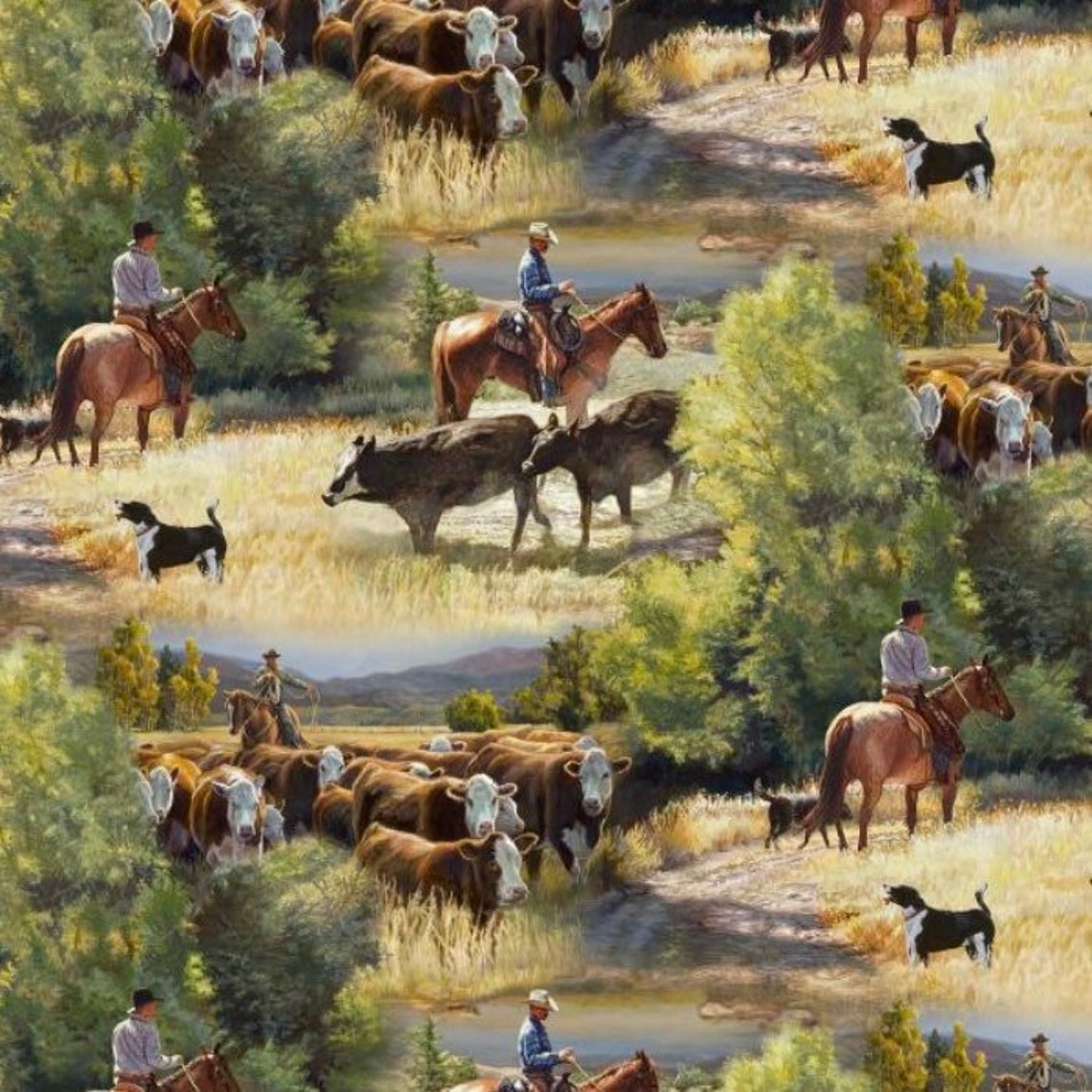 Working Ranch Cotton Fabric Cowboy Cow Horse - Etsy