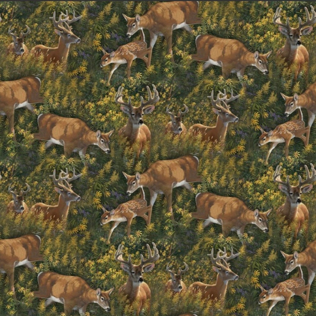 100% Cotton Summer Wildlife Fabric, Deer, Farmhouse, Trees, Digital ...