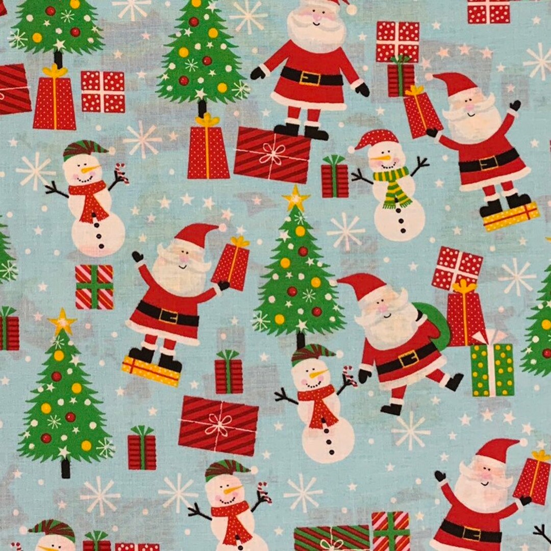 Santa Christmas Cotton Fabric, Snowmen, Christmas Tree, Blue - Etsy