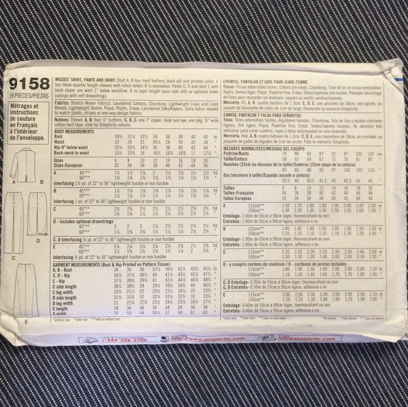 Misses Shirt Pants Capri and Skirt Pattern Simplicity 9158 - Etsy