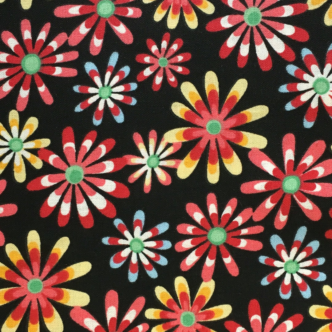 100 Percent Cotton Black Floral Fabric, Black Calico, Flower Power ...