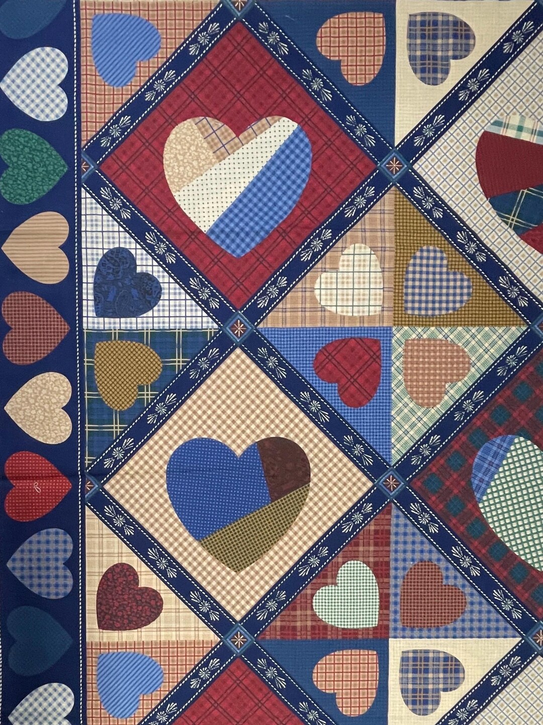 Red and Blue Patchwork Cotton Fabric, Cheater Quilt, Cheater Cloth ...
