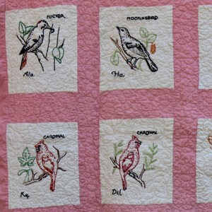 Vintage Pink and White Handmade 48 States Birds Embroidered Quilt, USA ...