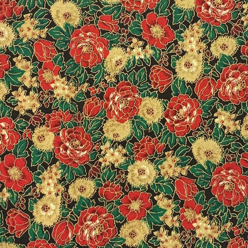 Red Rose With Gold Floral Fabric Floral Mandarin Garden | Etsy