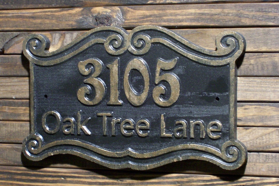 Address Sign Double Scroll Border | Antique Brass Finished Wood - Etsy