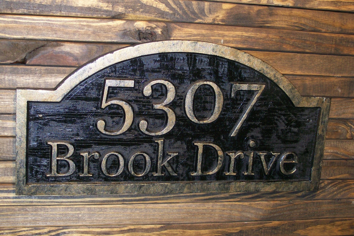 Wood Address Sign: Custom Carved, Antique Brass Finished - Etsy