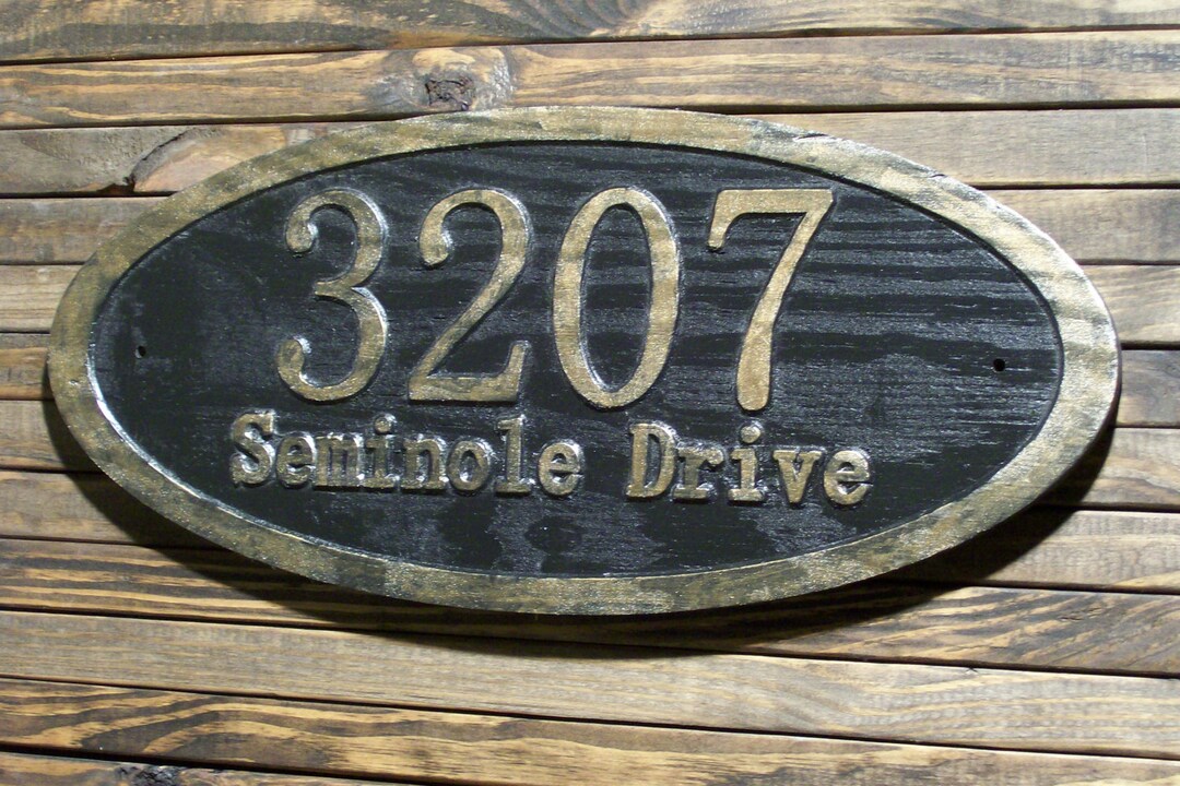 Oval Address Sign Large Antique Brass Finished Wood Custom Carved ...