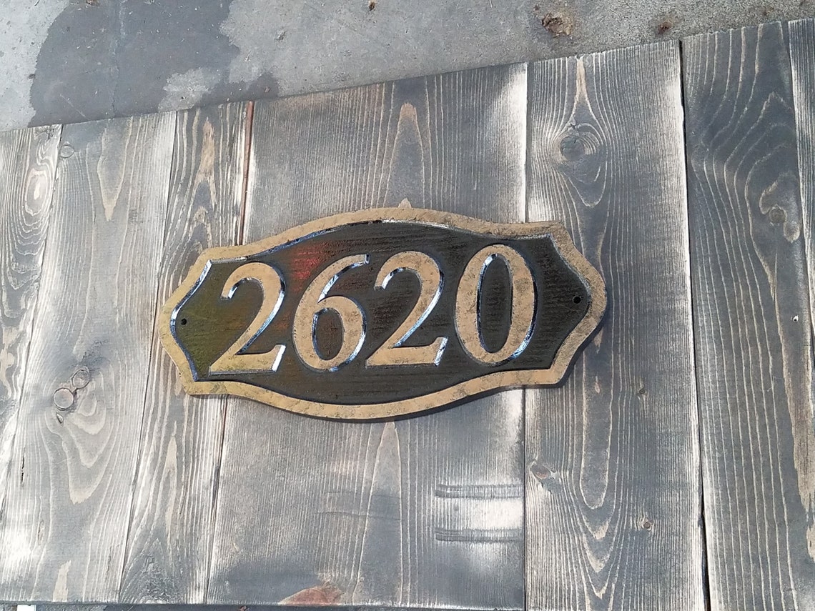 Carved Sign Address Plaque Wood, Brass Finish House Numbers - Etsy