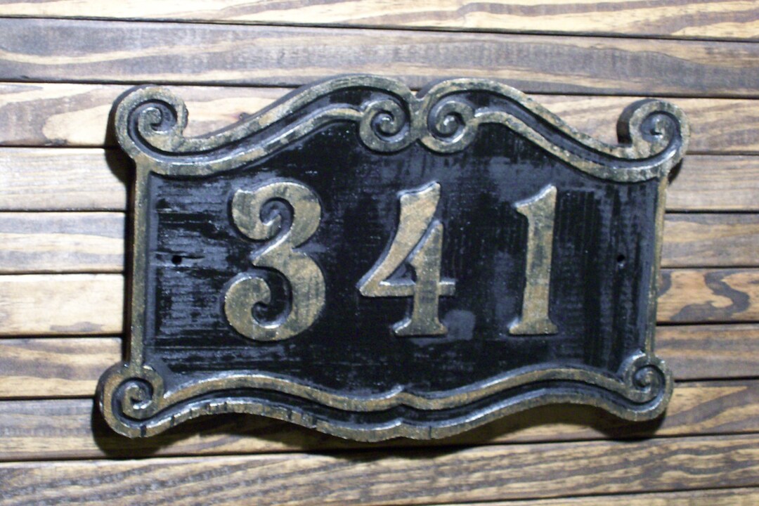 Wooden Address Sign Antique Brass Finished Double Scroll - Etsy