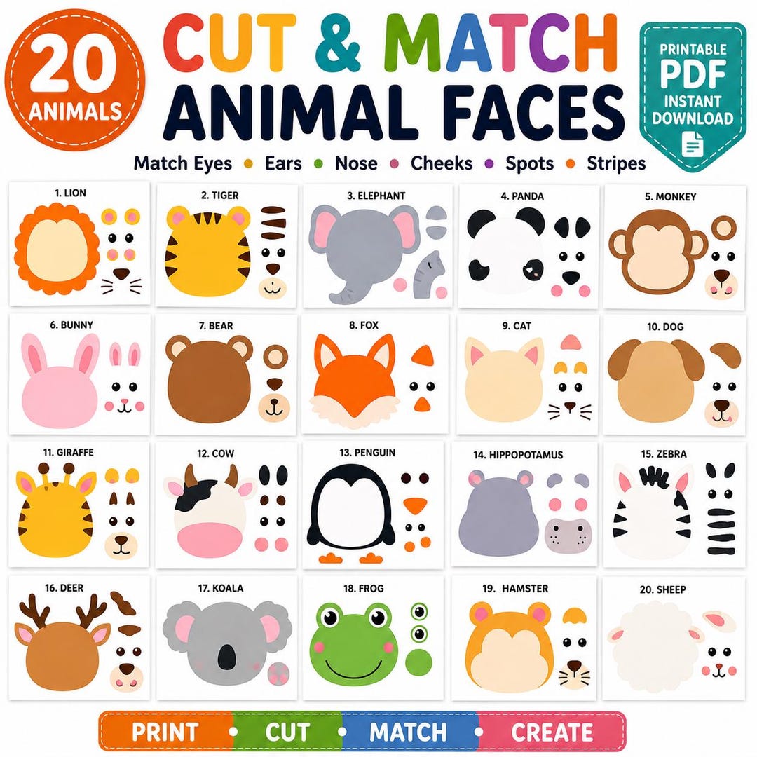 Animal Face Cut and Paste Activity | 20 Matching Crafts, Scissor Skills ...
