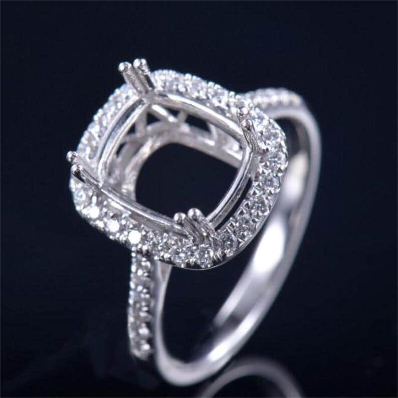 Deco Engagement Ring Semi-set, Sterling Silver, Cushion Cut Moissanite ...