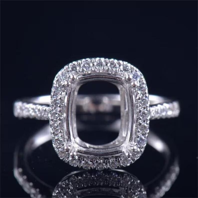 Deco Engagement Ring Semi-set, Sterling Silver, Cushion Cut Moissanite ...