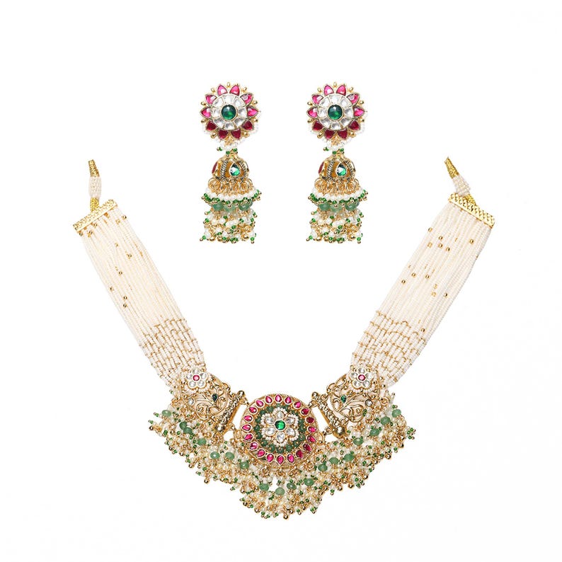 Traditional Pachi Kundan Necklace Set With Jhumkas | Multi Strand Seed ...