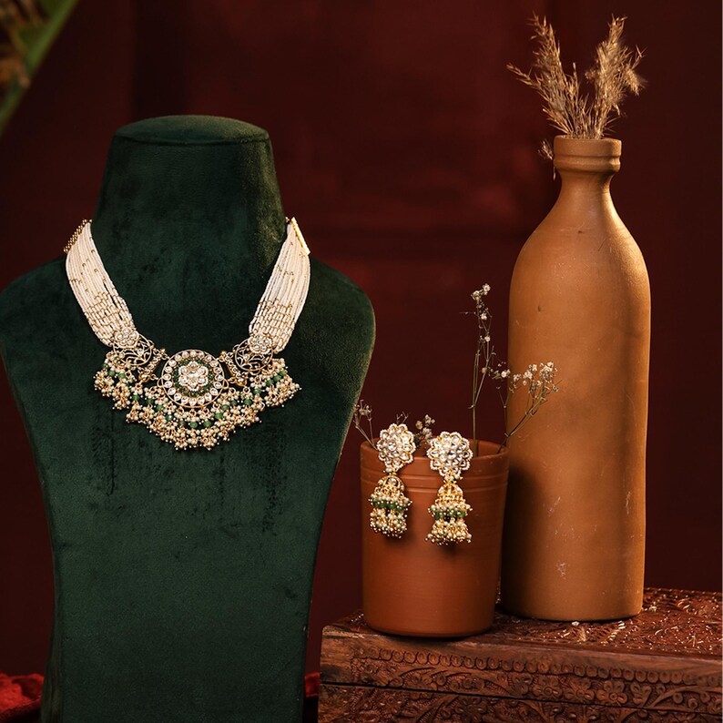 Traditional Pachi Kundan Necklace Set With Jhumkas | Multi Strand Seed ...