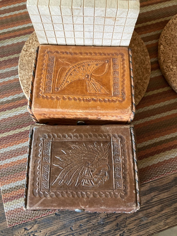 Vintage Pair Mexican Embossed Leather Boxes, Snap Clo… - Gem