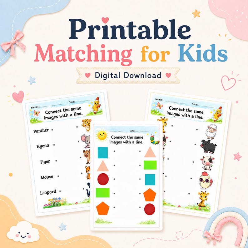 40 Preschool Matching Worksheets | Animals, Shapes, Vehicles (digital ...