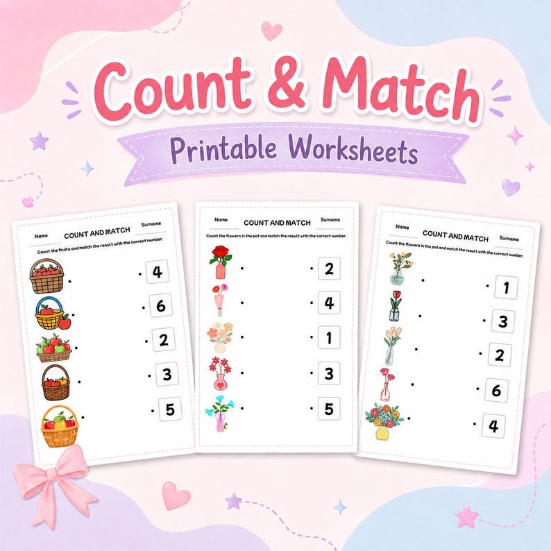 Count and Match Worksheets for Kids | Preschool Math Number Matching ...