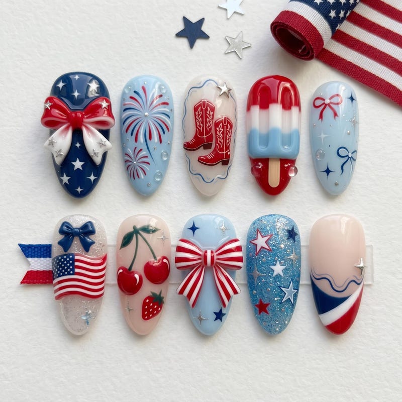 Cherry 4th of July Nails - Etsy