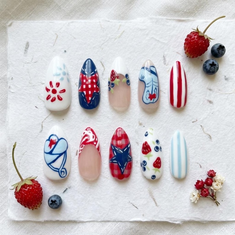 Cowboy Summer Picnic Nails, Fruit Gingham Press on Set, Patriotic ...