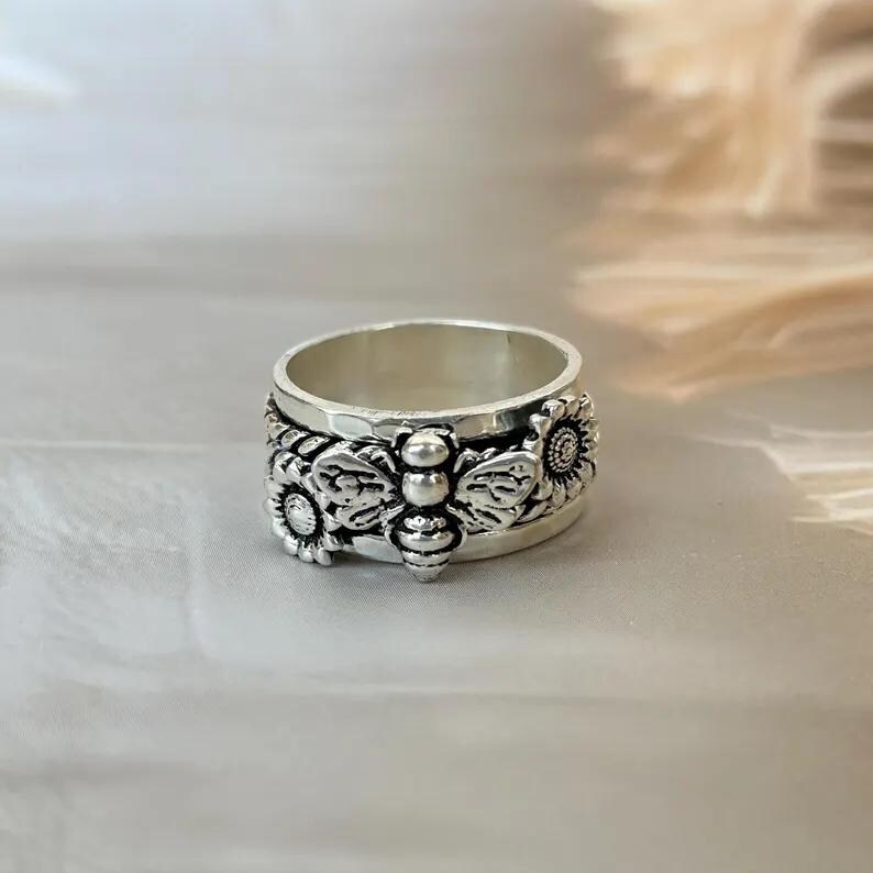Sterling Silver Bee Floral Spinner Ring, Oxidized Nature Inspired ...