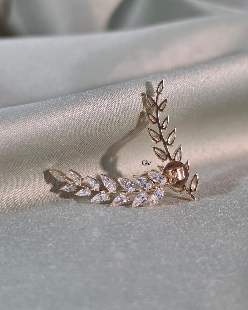 Pear Cut Diamond Climber Earrings, Leaf Vine Ear Crawlers, 14K Gold Lab ...