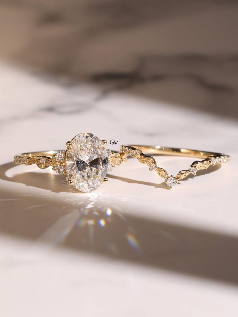 Oval Cut Diamond Engagement Ring Set | 14K Gold Twisted Bridal Band - Etsy