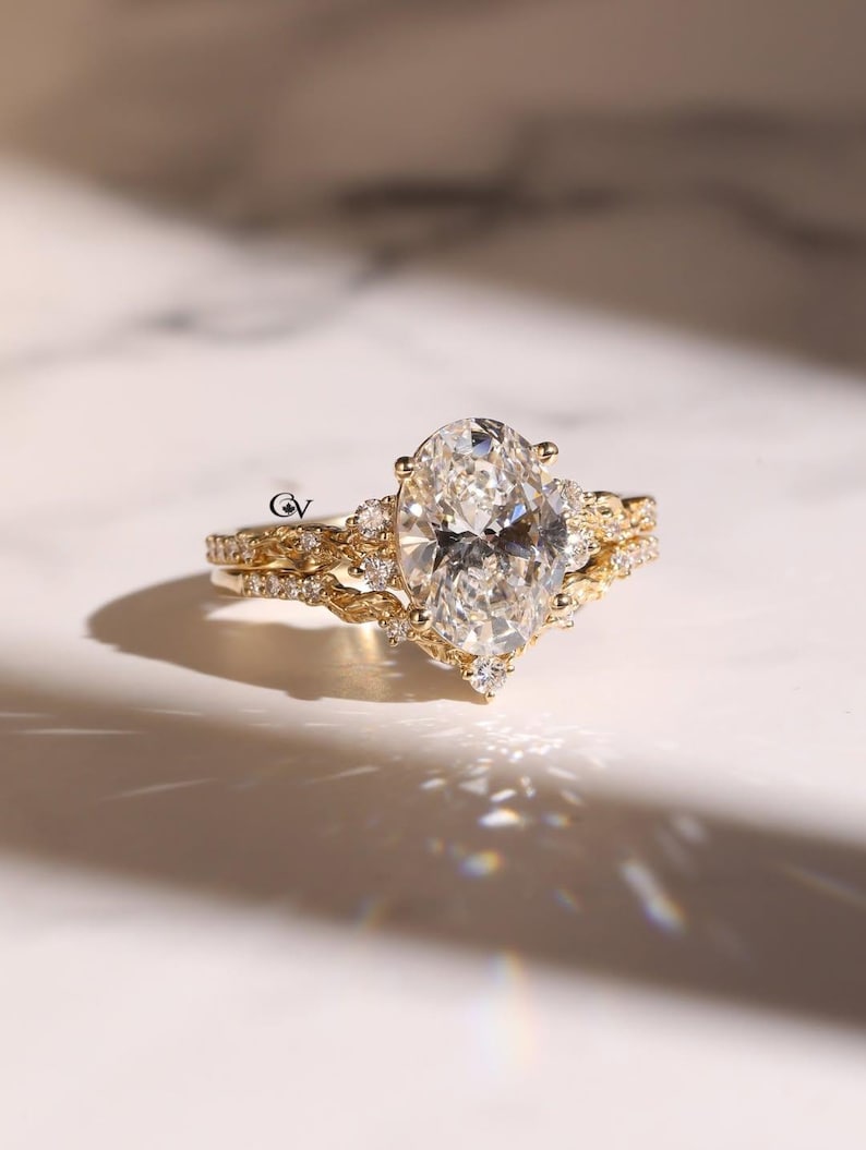 Oval Cut Diamond Engagement Ring Set | 14K Gold Twisted Bridal Band - Etsy