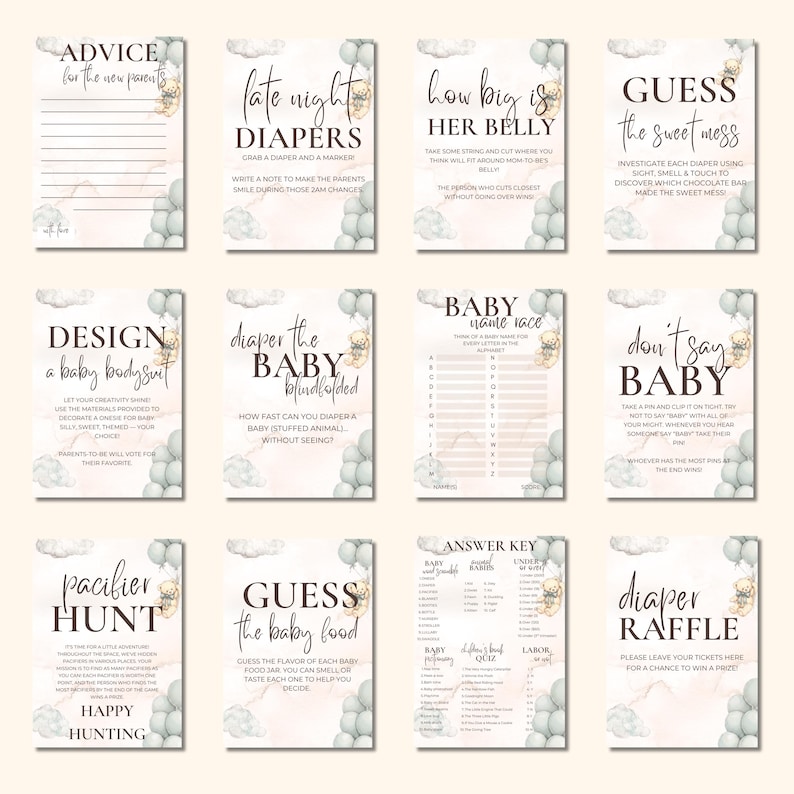 Teddy Bear Baby Shower Games Bundle, Editable Canva Template, Neutral ...