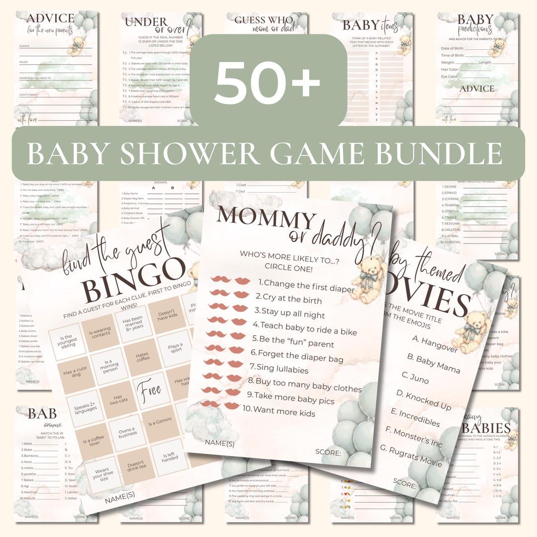 Teddy Bear Baby Shower Games Bundle, Editable Canva Template, Neutral ...